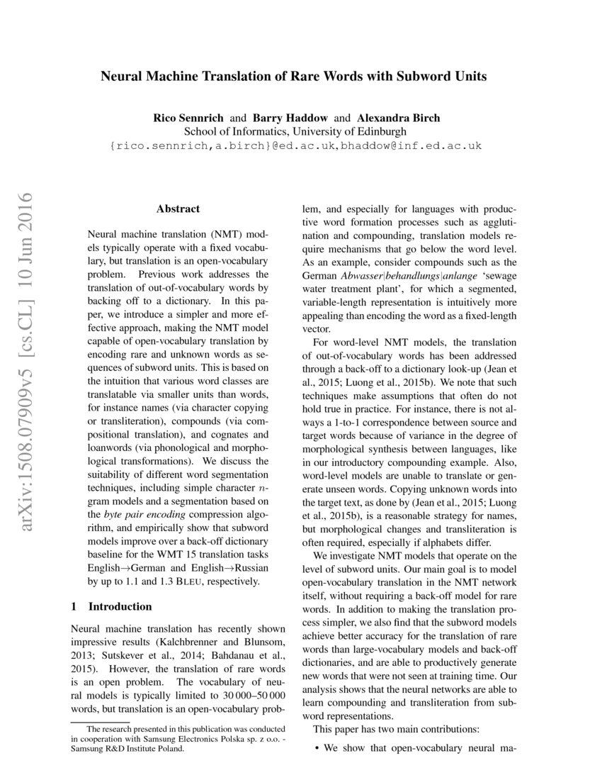 Neural Machine Translation of Rare Words with Subword Units | DeepAI