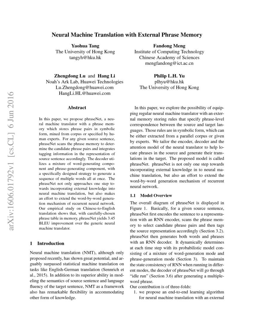 Neural Machine Translation with External Phrase Memory | DeepAI