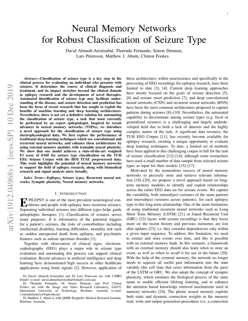 Neural Memory Networks for Robust Classification of Seizure Type | DeepAI