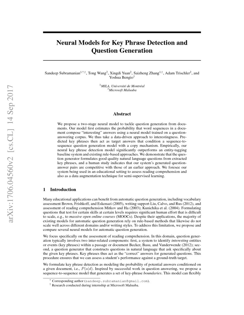 Neural Models For Key Phrase Detection And Question Generation Deepai