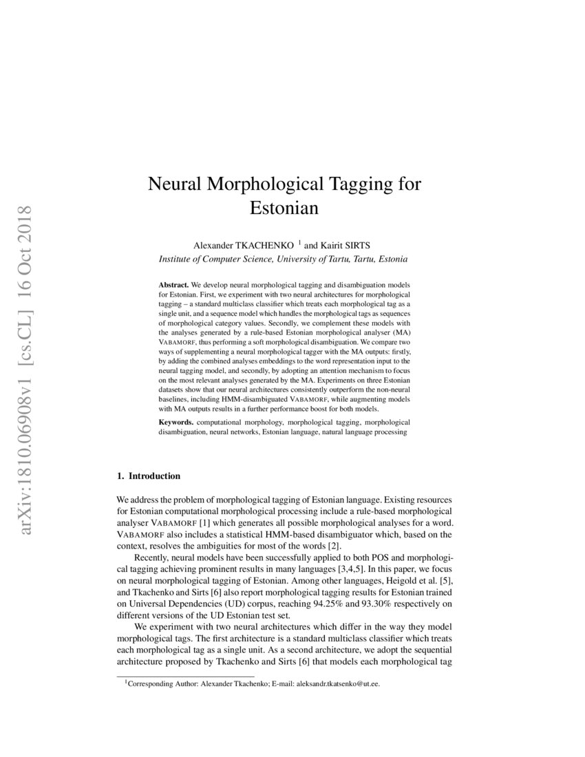 Neural Morphological Tagging for Estonian | DeepAI