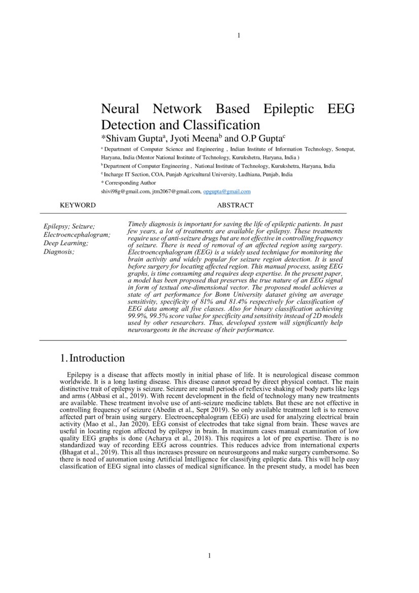 Neural Network Based Epileptic Eeg Detection And Classification Deepai