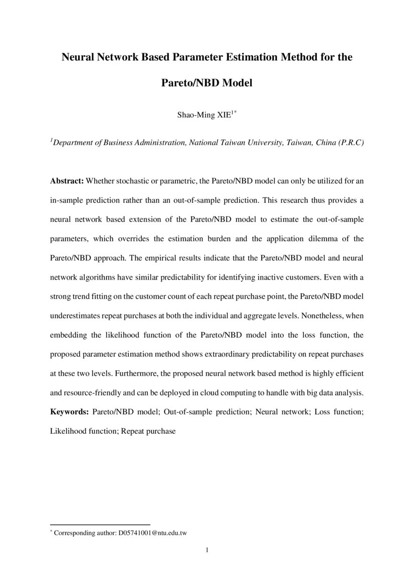 Neural Network Based Parameter Estimation Method For The Pareto Nbd Model Deepai