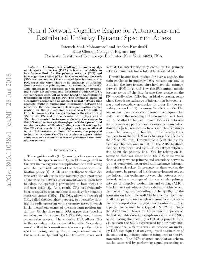 Neural Network Cognitive Engine for Autonomous and Distributed Underlay Dynamic Spectrum Access ...