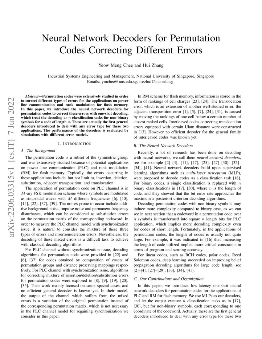 Neural Network Decoders For Permutation Codes Correcting Different Errors Deepai 8896