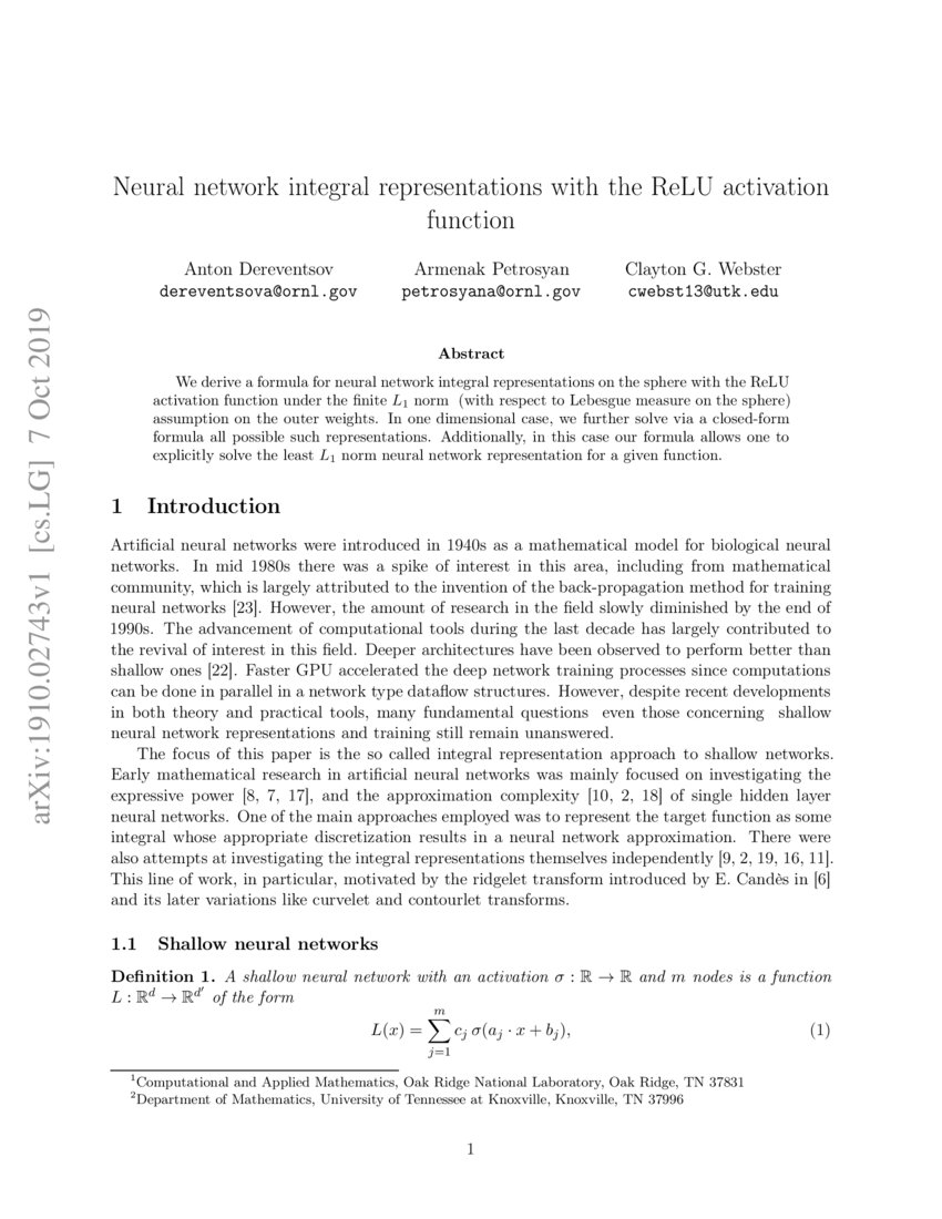 Neural Network Integral Representations With The Relu Activation