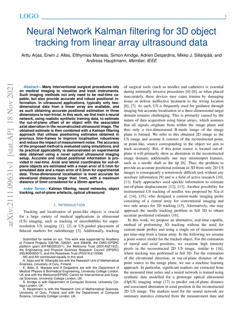 Neural Network Kalman Filtering For 3d Object Tracking From Linear Array Ultrasound Data Deepai