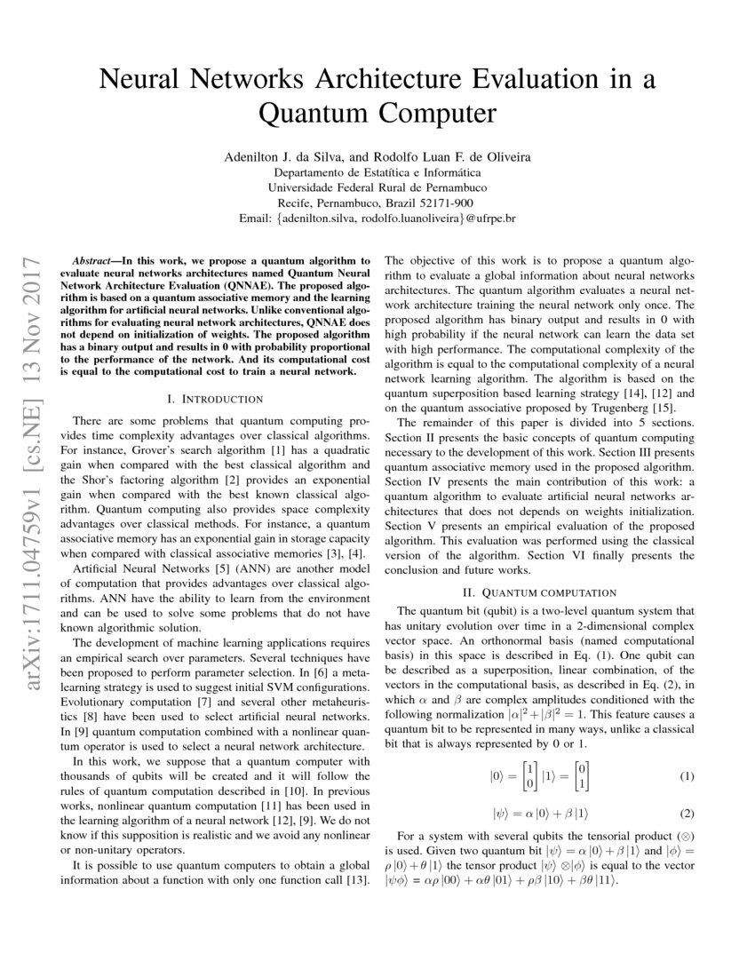 Neural Networks Architecture Evaluation in a Quantum Computer | DeepAI Neural Networks Architecture Evaluation in a Quantum Computer | DeepAI