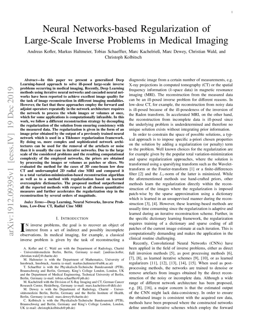Neural Networks Based Regularization Of Large Scale Inverse Problems In Medical Imaging Deepai