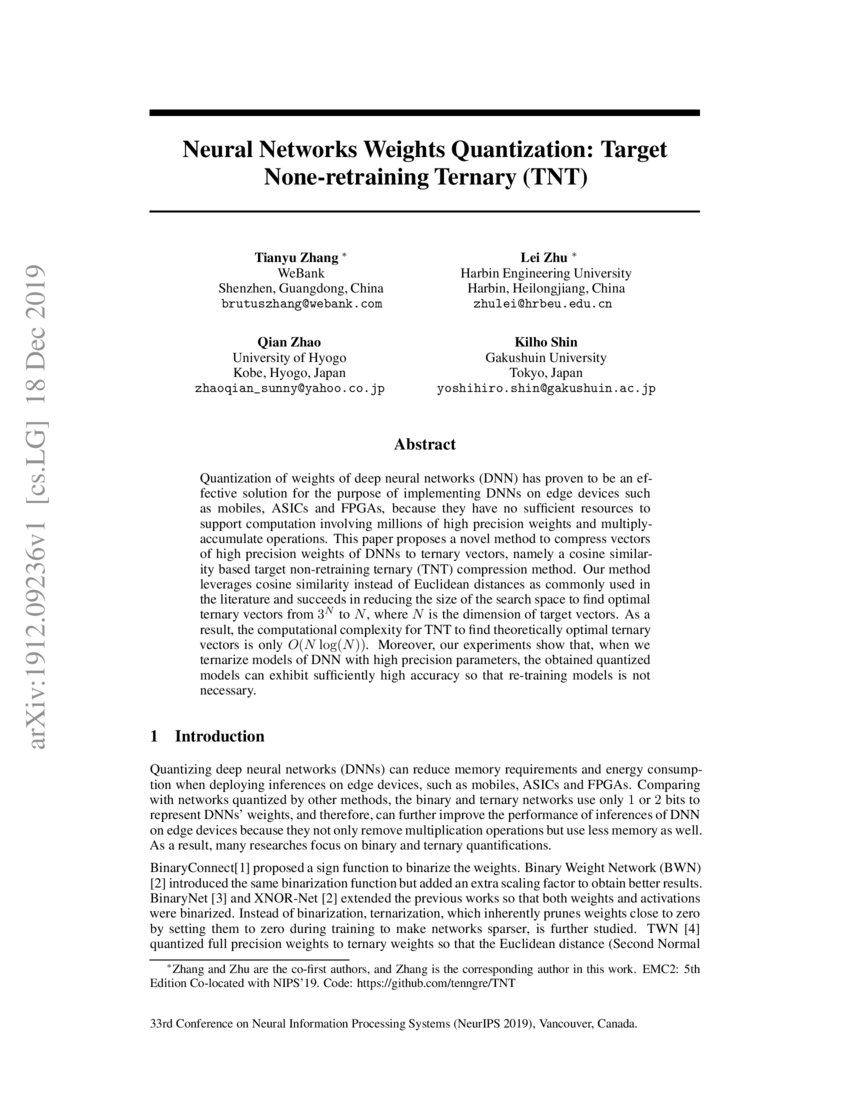 Neural Networks Weights Quantization: Target None-retraining Ternary (TNT) | DeepAI