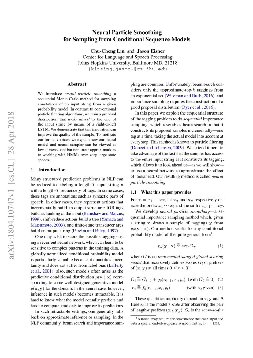 Neural Particle Smoothing for Sampling from Conditional Sequence Models | DeepAI