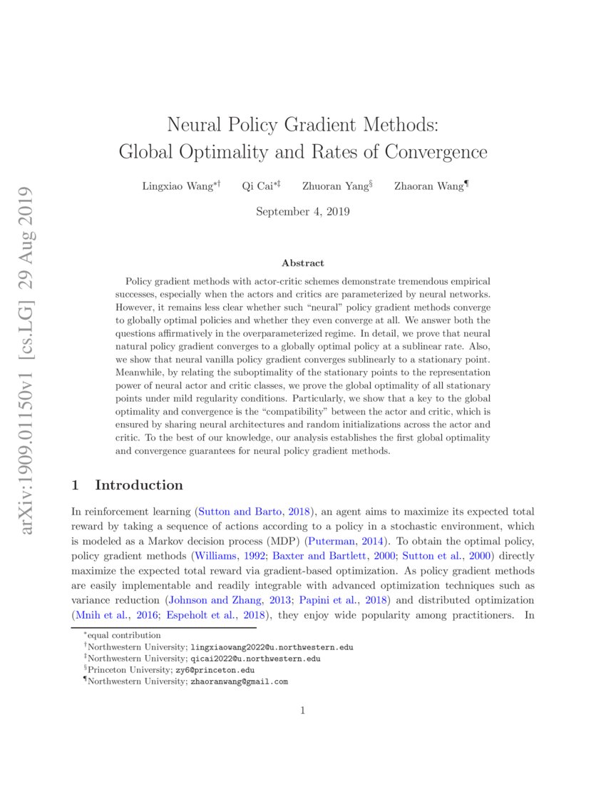 Neural Policy Gradient Methods: Global Optimality and Rates of ... Neural Policy Gradient Methods: Global Optimality and Rates of ...