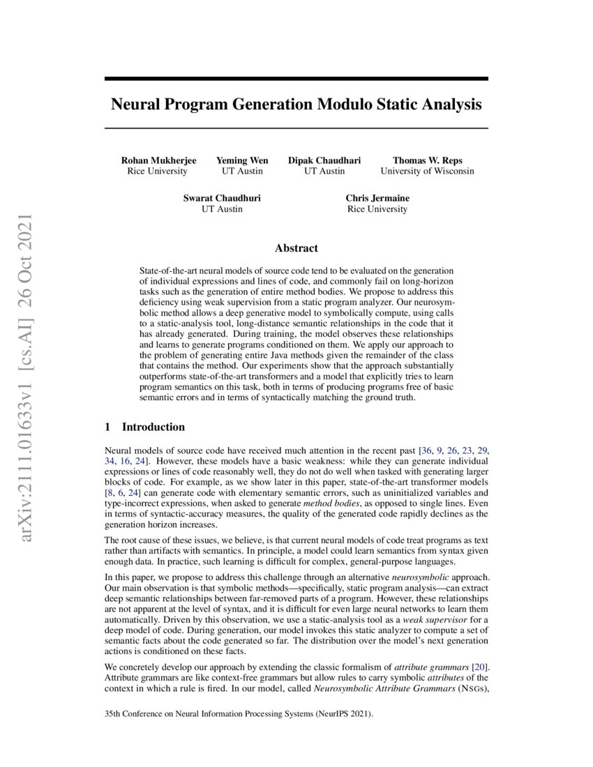 Neural Program Generation Modulo Static Analysis | DeepAI