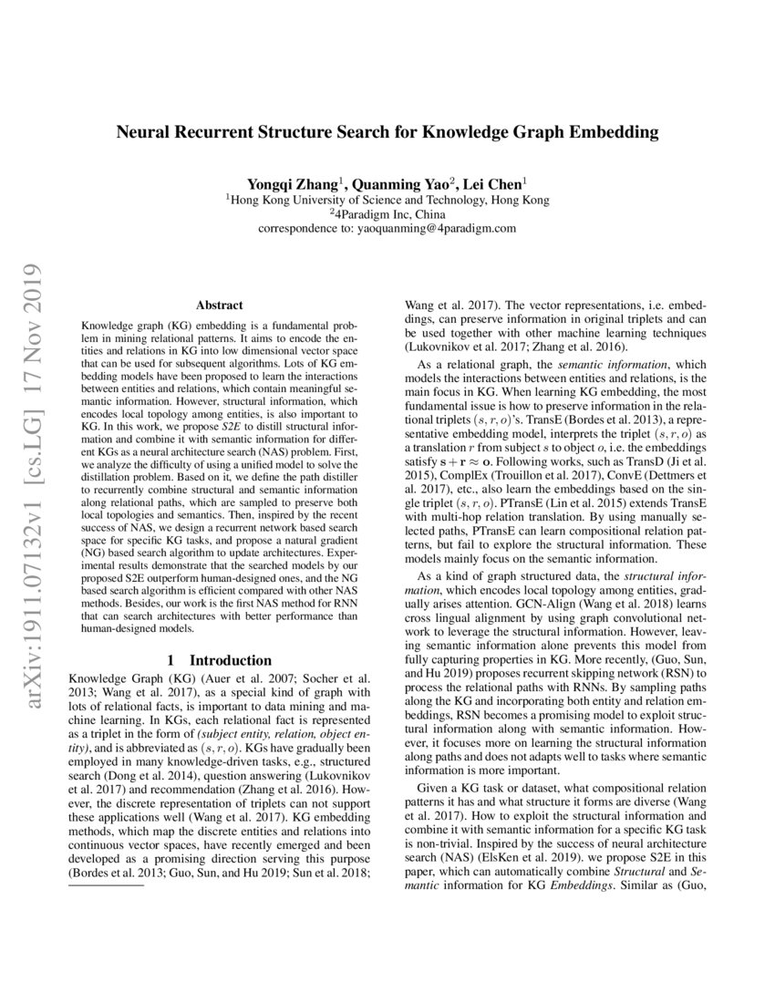 Neural Recurrent Structure Search for Knowledge Graph Embedding | DeepAI Neural Recurrent Structure Search for Knowledge Graph Embedding | DeepAI