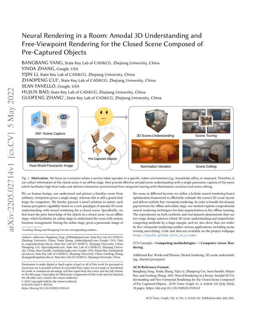 Neural Rendering in a Room: Amodal 3D Understanding and Free-Viewpoint Rendering for the Closed ...