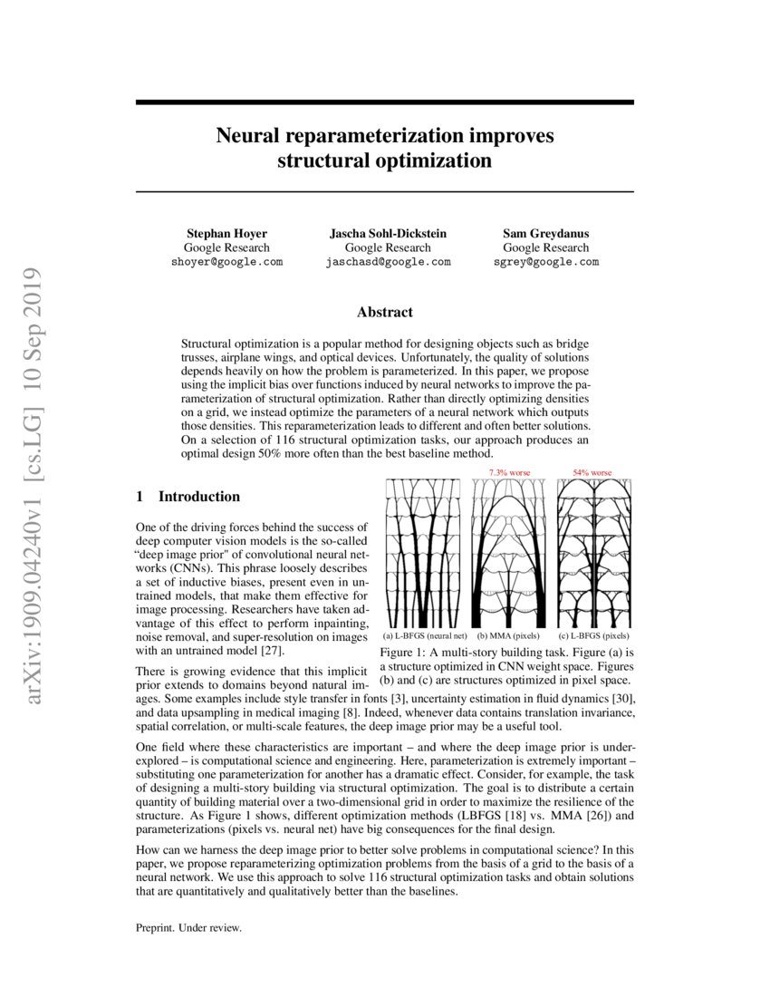 Neural reparameterization improves structural optimization | DeepAI