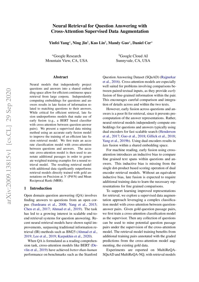 Neural Retrieval For Question Answering With Cross Attention Supervised Data Augmentation Deepai