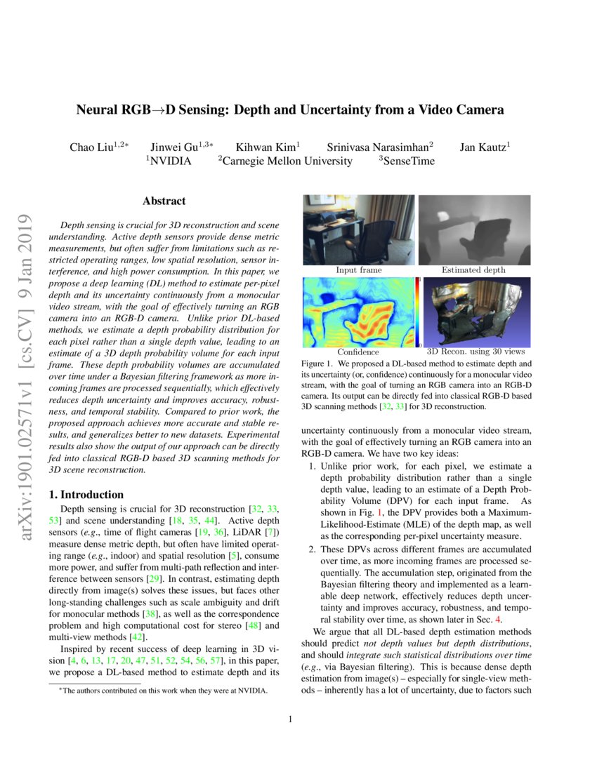 Neural RGB->D Sensing: Depth and Uncertainty from a Video Camera | DeepAI