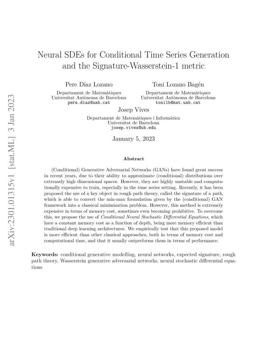 Neural SDEs for Conditional Time Series Generation and the Signature-Wasserstein-1 metric | DeepAI