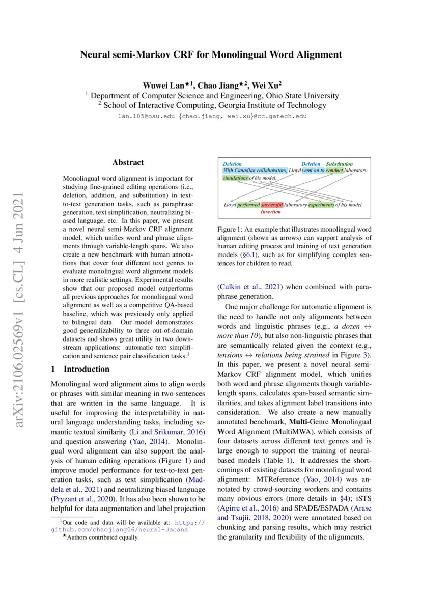 Neural semi-Markov CRF for Monolingual Word Alignment | DeepAI