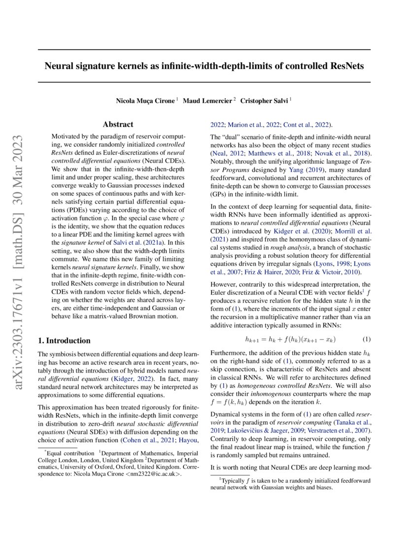 Neural Signature Kernels As Infinite Width Depth Limits Of Controlled