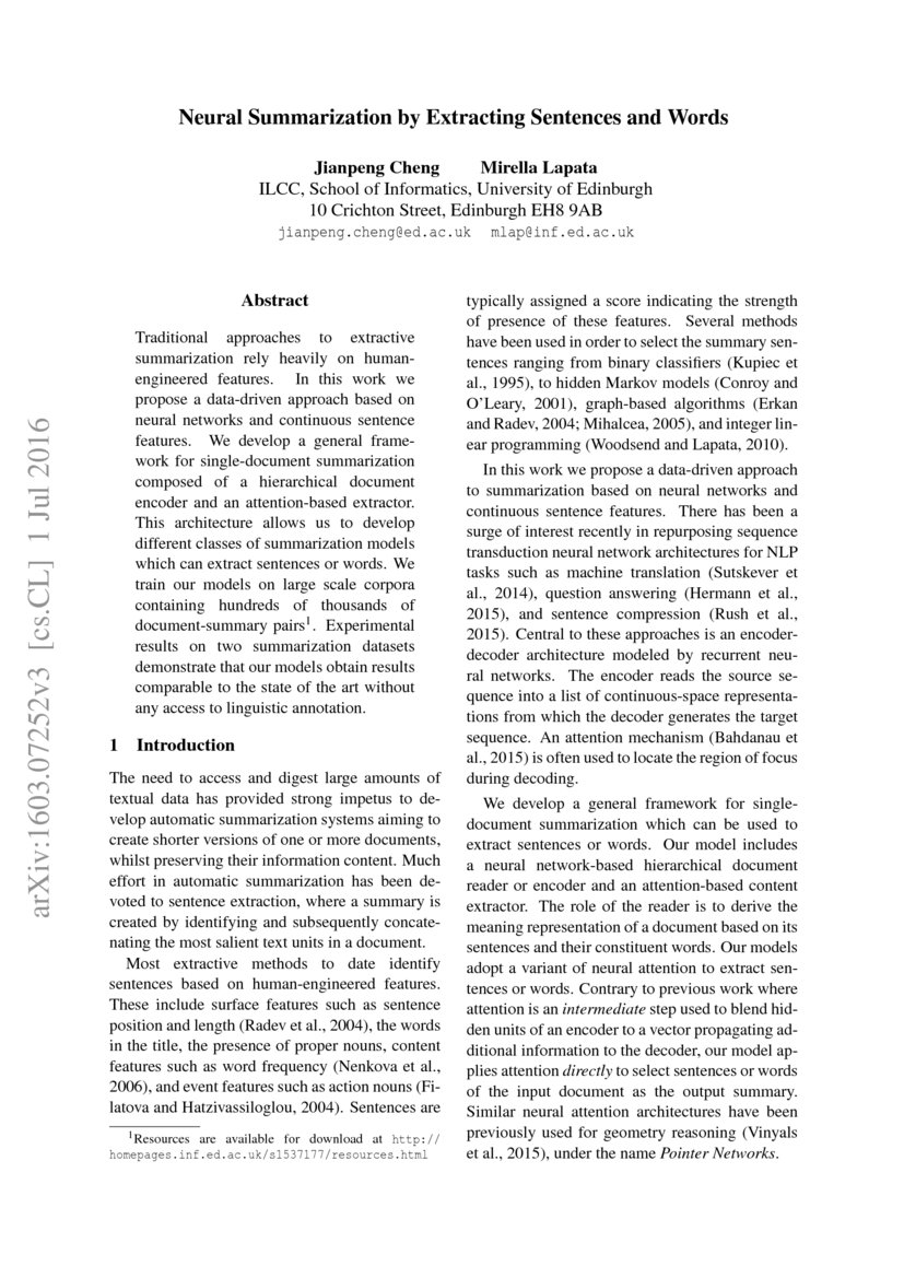 Neural Summarization By Extracting Sentences And Words Deepai