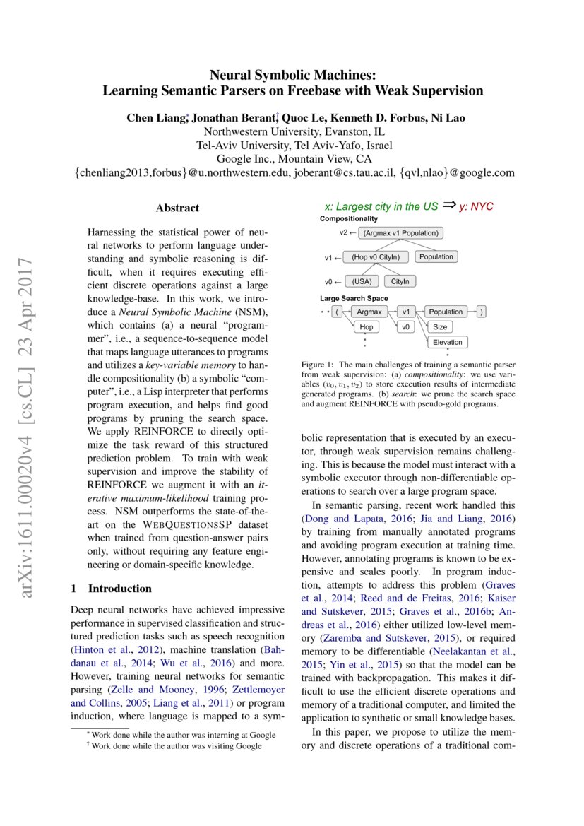 Neural Symbolic Machines: Learning Semantic Parsers on Freebase with Weak Supervision | DeepAI