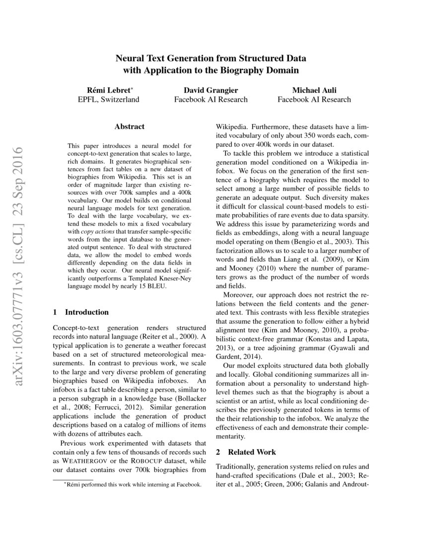 Neural Text Generation From Structured Data With Application To The