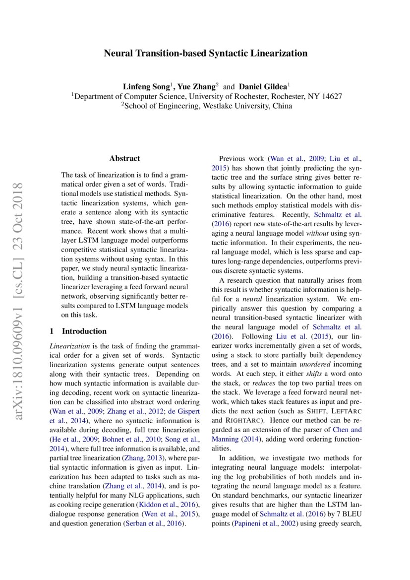 Neural Transition Based Syntactic Linearization Deepai