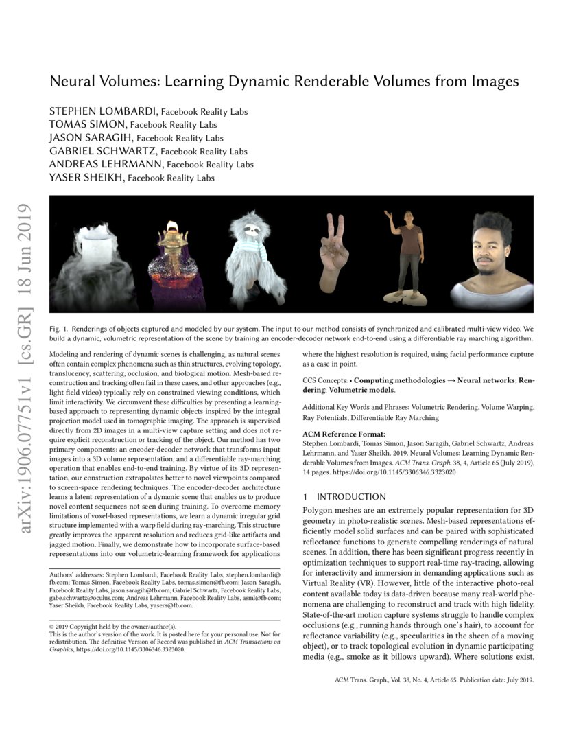 Neural Volumes: Learning Dynamic Renderable Volumes from Images | DeepAI