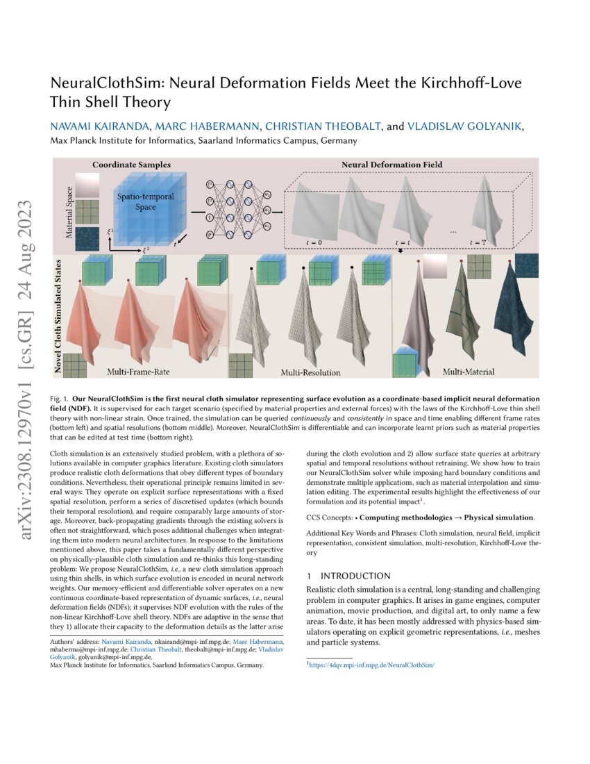 Neuralclothsim Neural Deformation Fields Meet The Kirchhoff Love Thin Shell Theory Deepai
