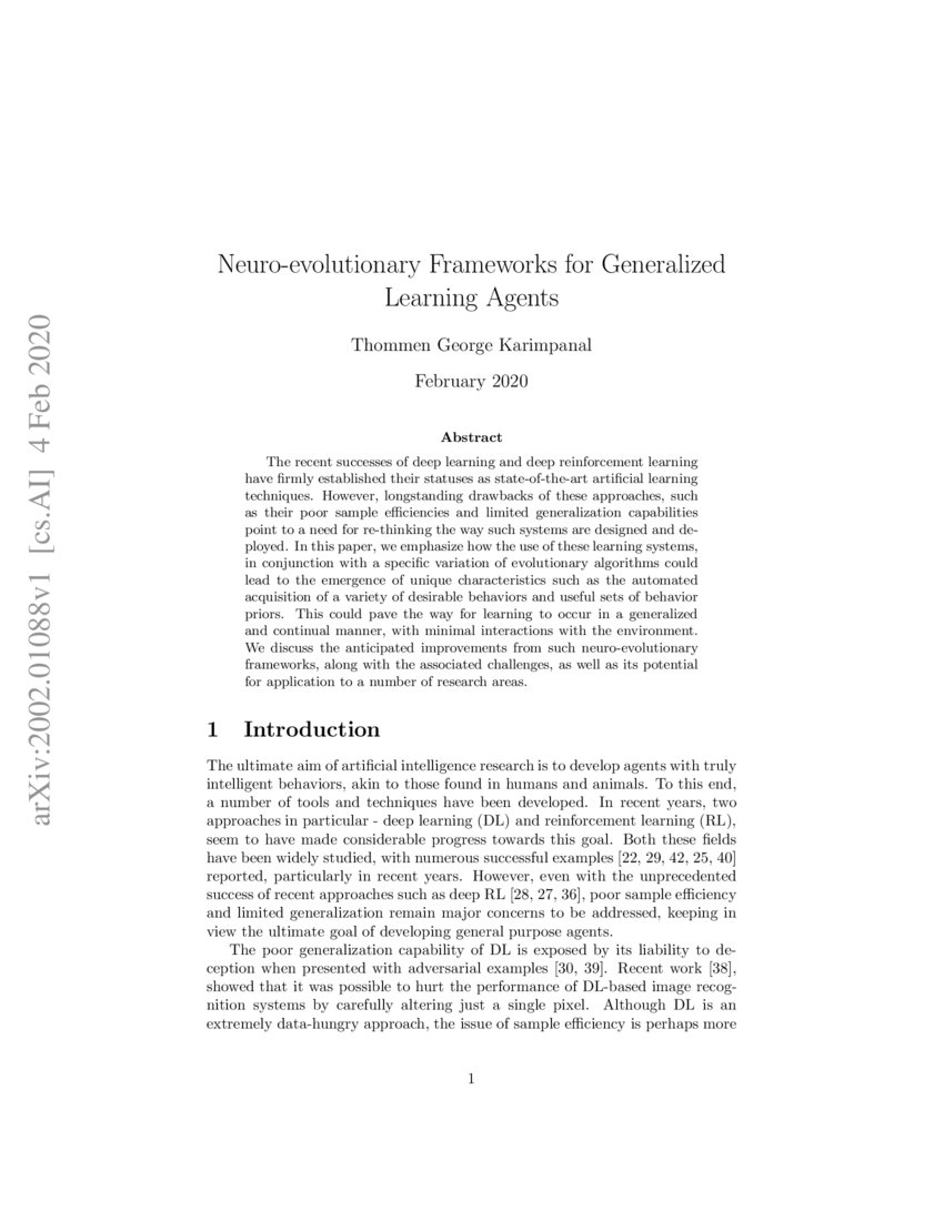 Neuro-evolutionary Frameworks for Generalized Learning Agents | DeepAI