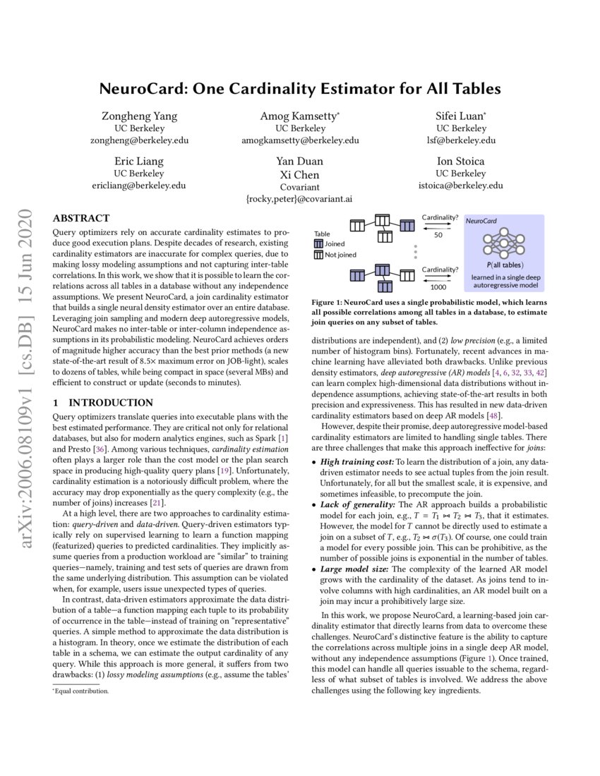 NeuroCard: One Cardinality Estimator for All Tables | DeepAI