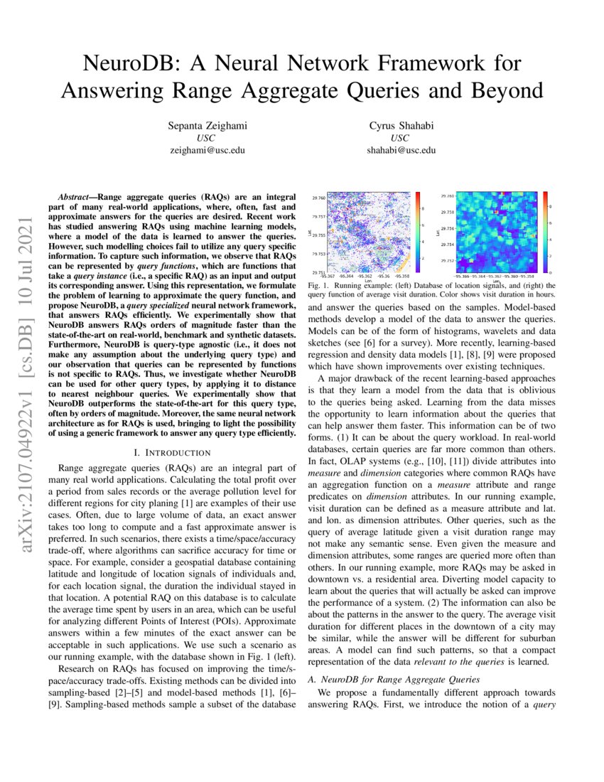 Neurodb A Neural Network Framework For Answering Range Aggregate Queries And Beyond Deepai