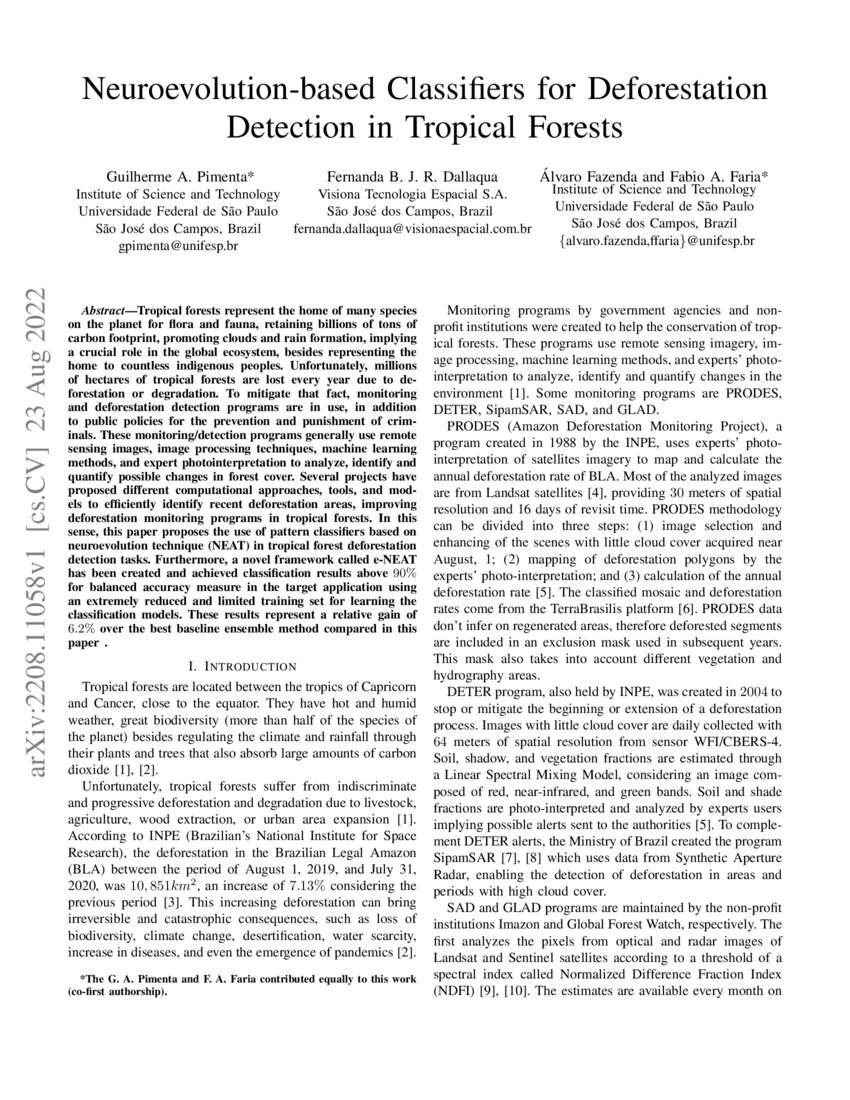 Neuroevolution Based Classifiers For Deforestation Detection In Tropical Forests Deepai 
