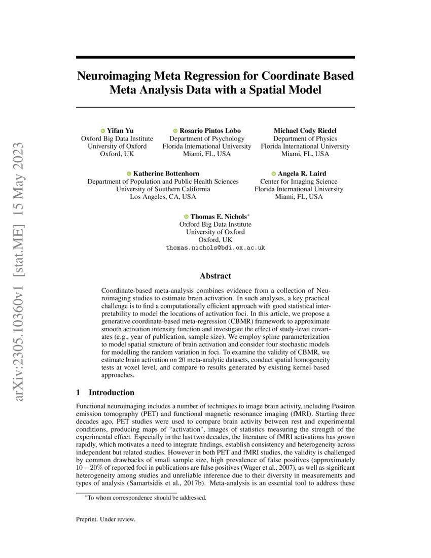Neuroimaging Meta Regression For Coordinate Based Meta Analysis Data With A Spatial Model Deepai