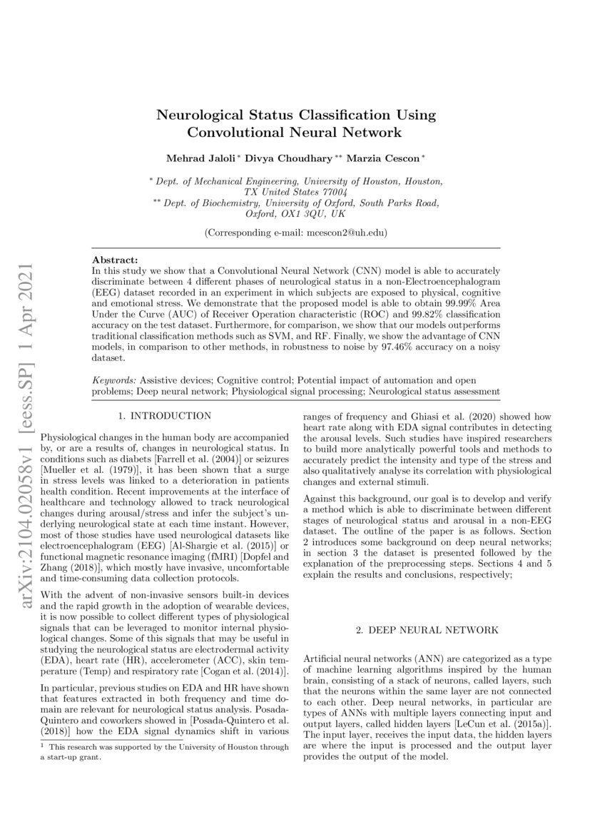 Neurological Status Classification Using Convolutional Neural Network | DeepAI