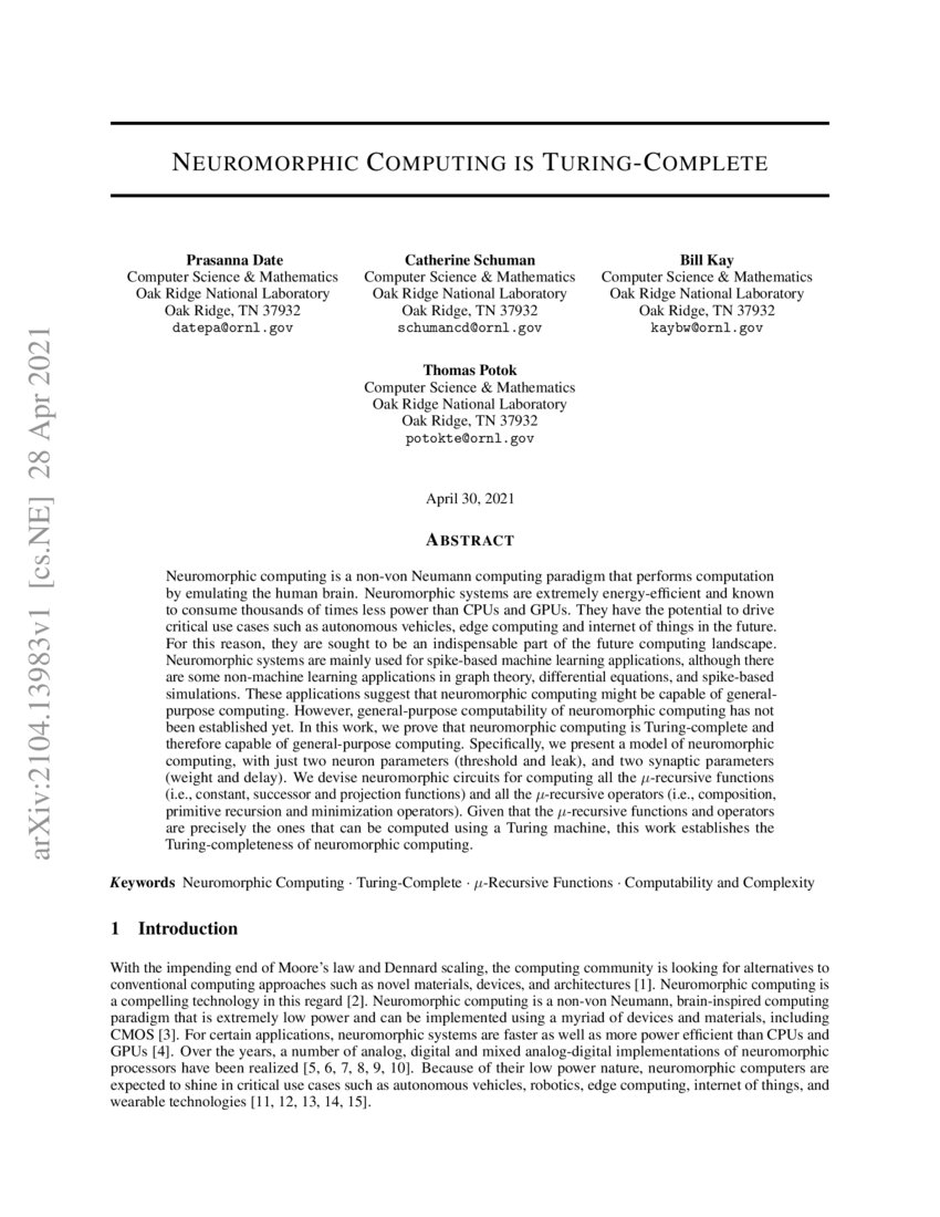 Neuromorphic Computing is Turing-Complete | DeepAI