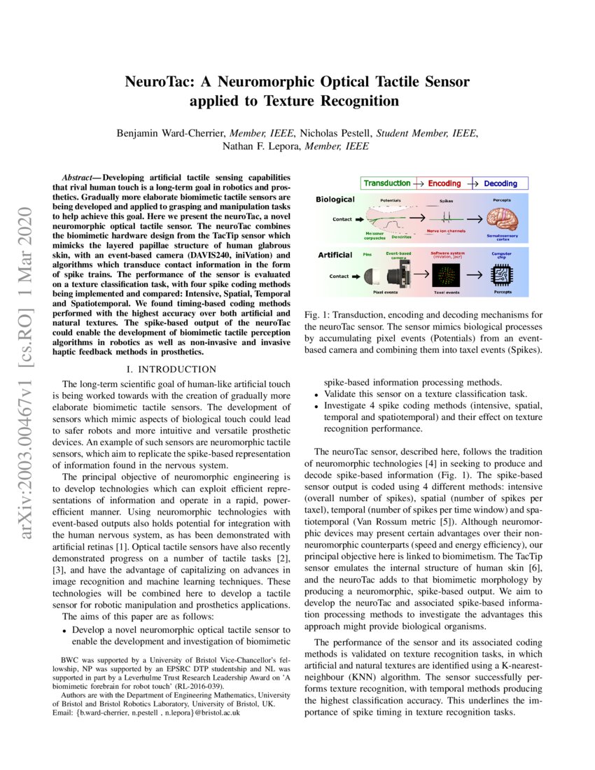 NeuroTac: A Neuromorphic Optical Tactile Sensor applied to Texture Recognition | DeepAI
