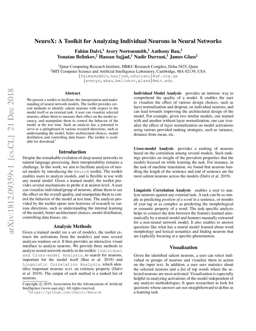 NeuroX: A Toolkit for Analyzing Individual Neurons in Neural Networks | DeepAI