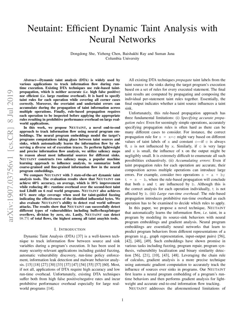 Neutaint: Efficient Dynamic Taint Analysis with Neural Networks | DeepAI