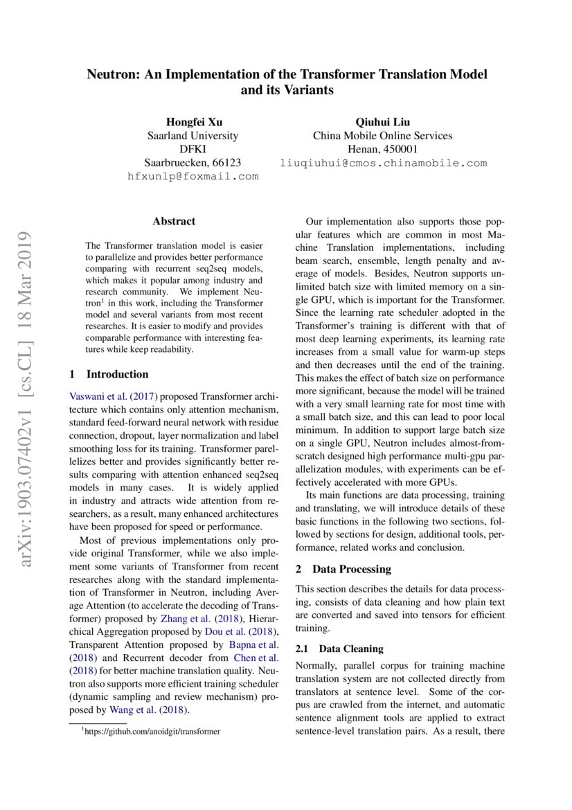 Neutron: An Implementation of the Transformer Translation Model and its ...