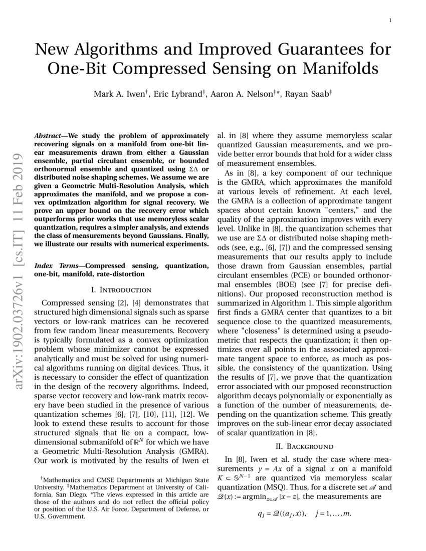 New Algorithms And Improved Guarantees For One Bit Compressed Sensing On Manifolds Deepai