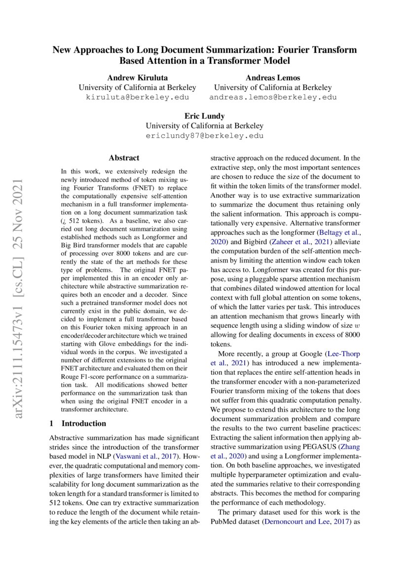New Approaches To Long Document Summarization Fourier Transform Based