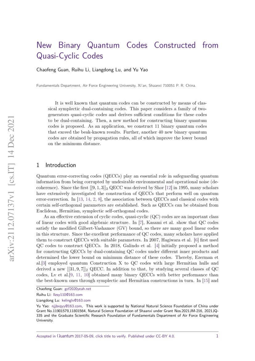 New Binary Quantum Codes Constructed From Quasi Cyclic Codes Deepai