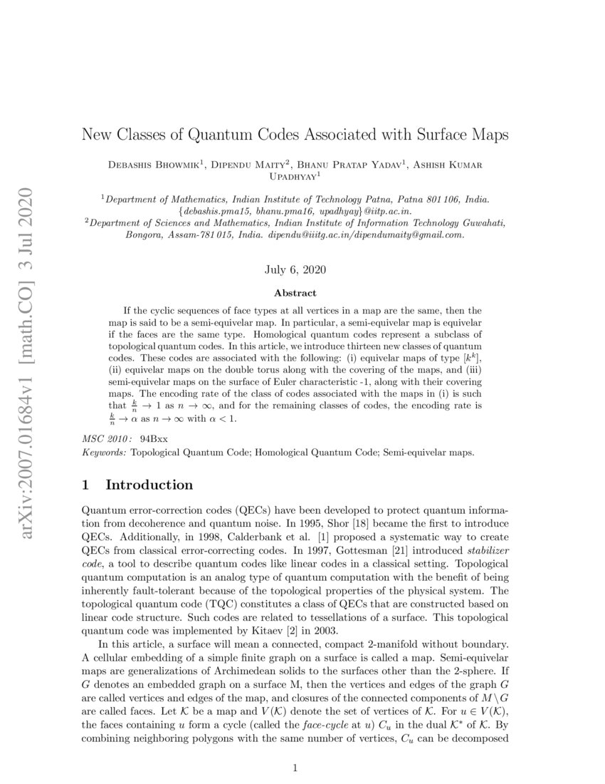 New Classes of Quantum Codes Associated with Surface Maps | DeepAI