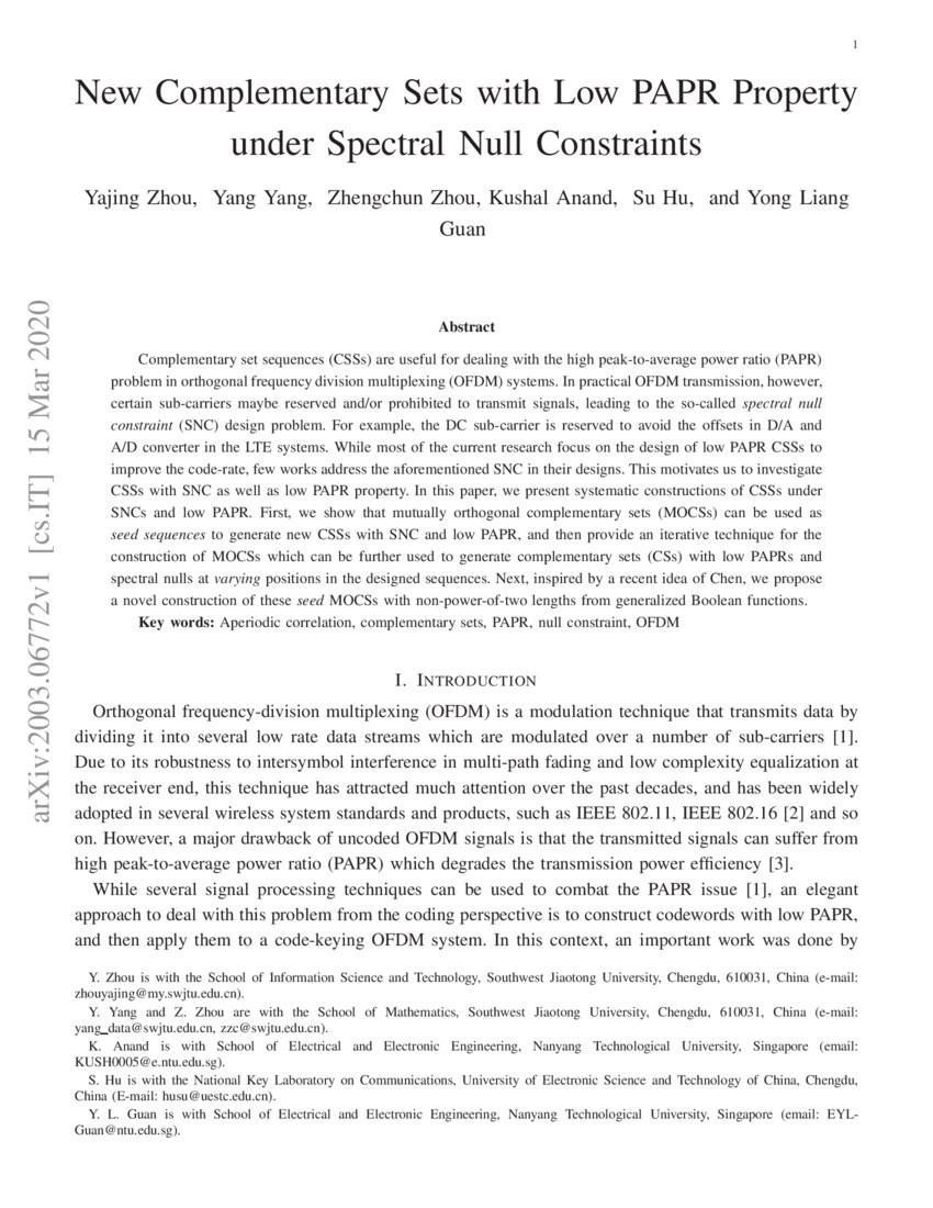 New Complementary Sets with Low PAPR Property under Spectral Null Constraints | DeepAI