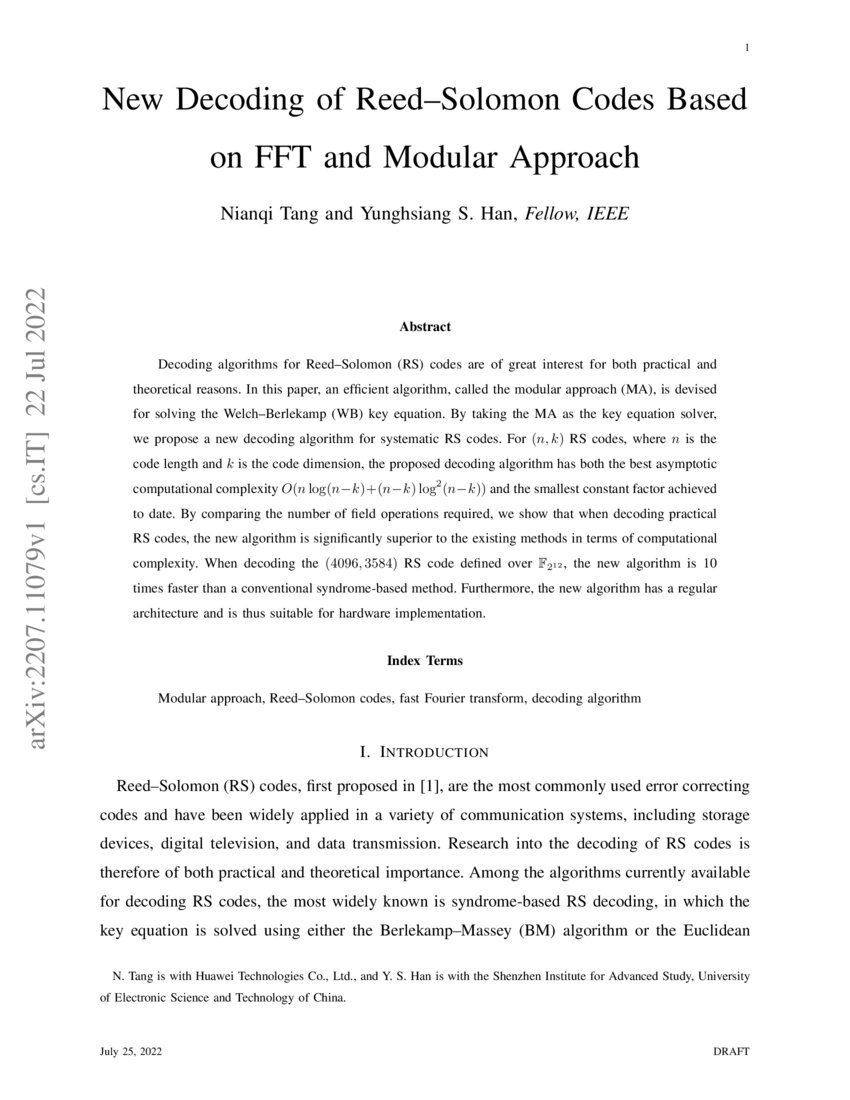 New Decoding Of Reed Solomon Codes Based On Fft And Modular Approach
