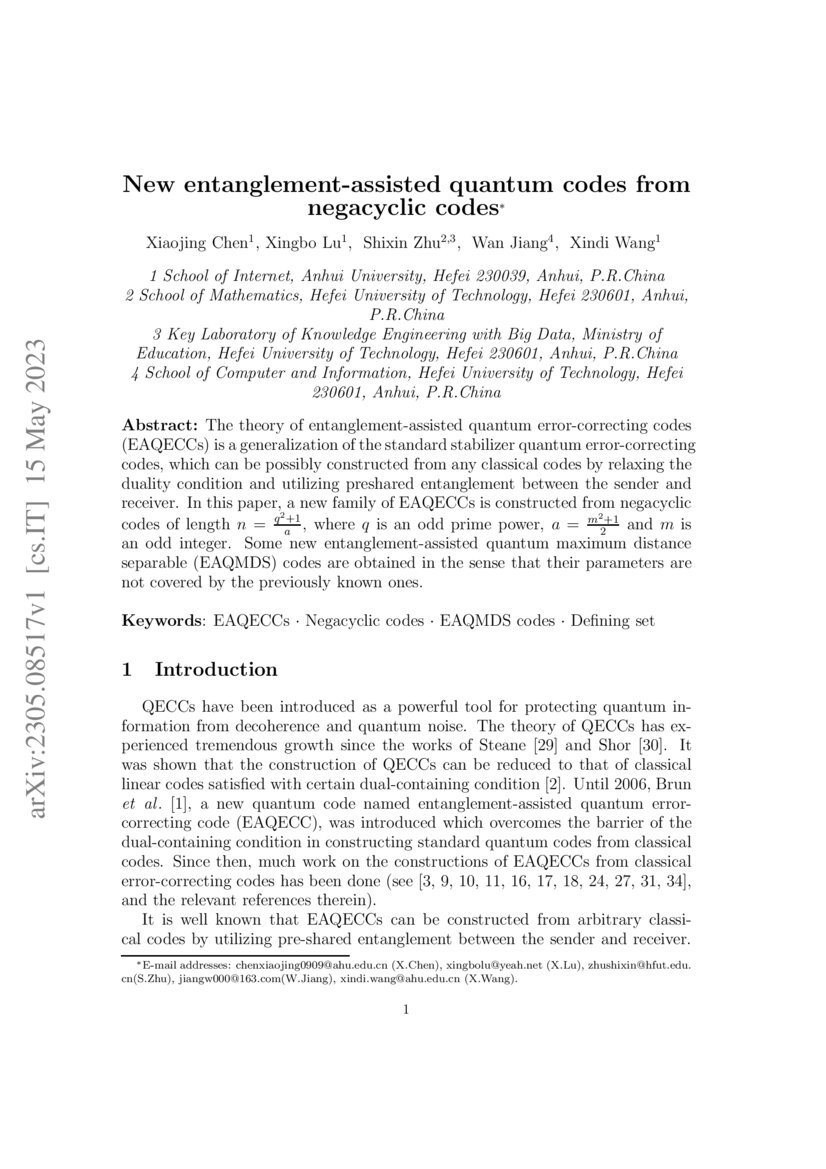 New Entanglement Assisted Quantum Codes From Negacyclic Codes Deepai 