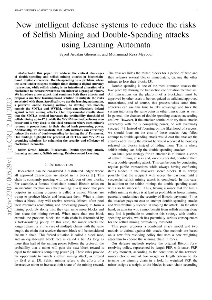 New intelligent defense systems to reduce the risks of Selfish Mining and Double-Spending ...